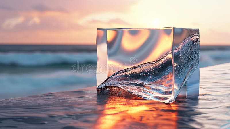 Water in a Glass Cube at Ocean Sunset , Concept of Glassmorphism Stock ...