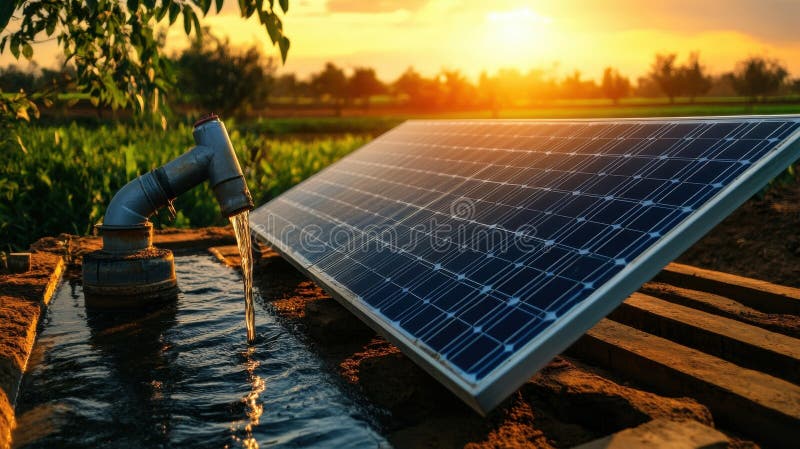 Solar Panel Powering Water Pump for Irrigation at Sunset Stock Image ...