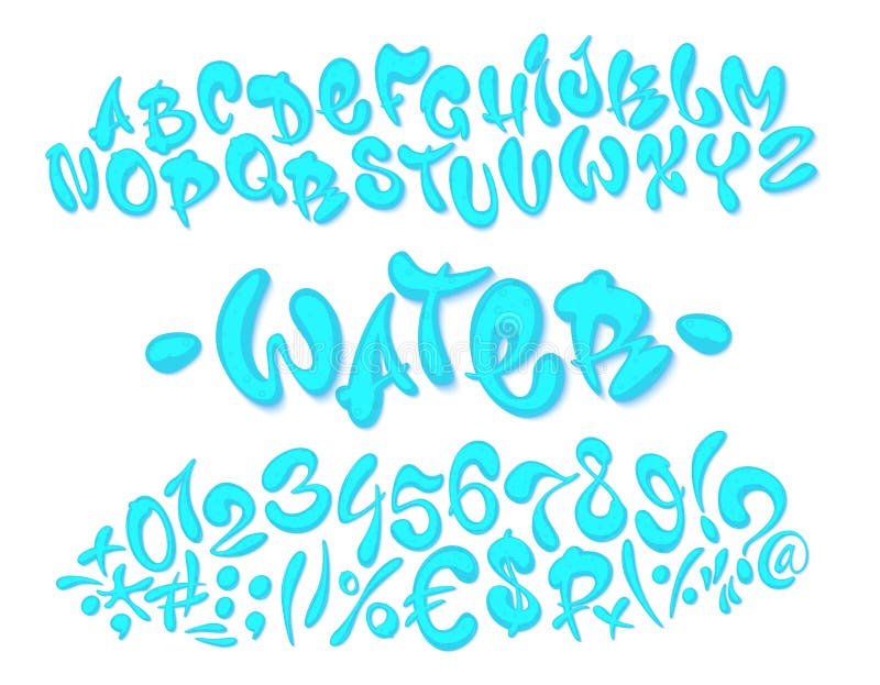 Water Hand Drawn Typeset. Water Alphabet, Signs and Digits. Vector ...