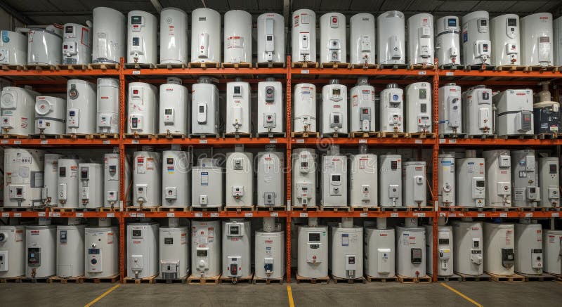 Water Heater Inventory Storage Rows of Various Sized Water Heaters are ...