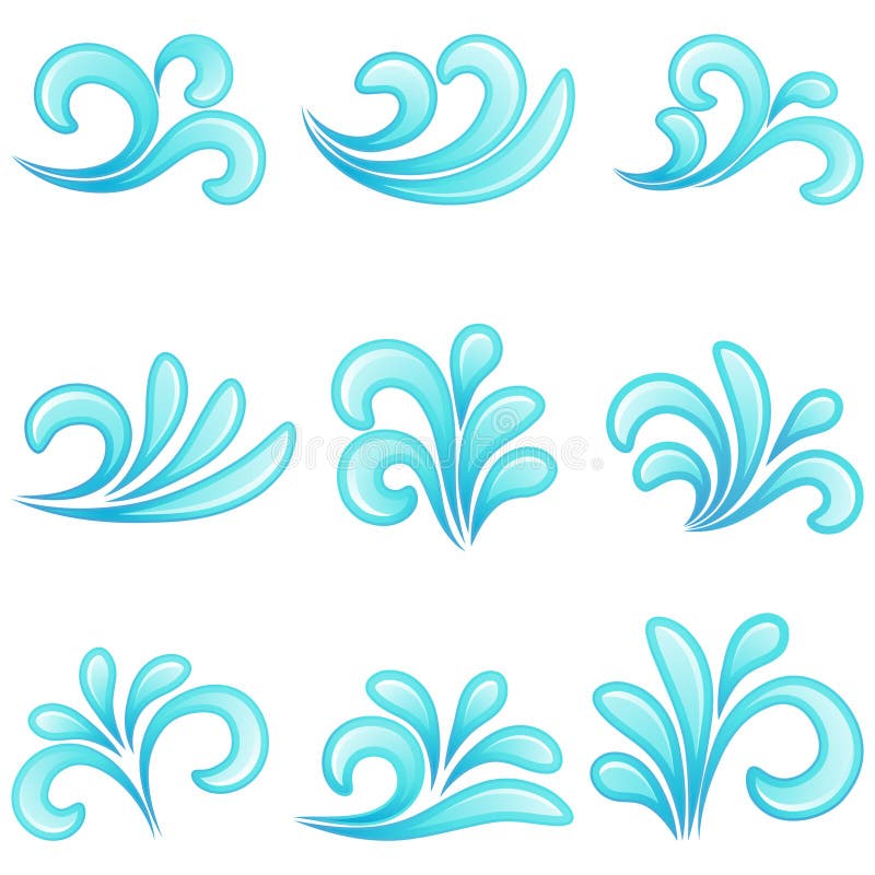 Cartoon Water Stylized Waves and Splashes Set. Sea, Ocean, Pool Symbols ...