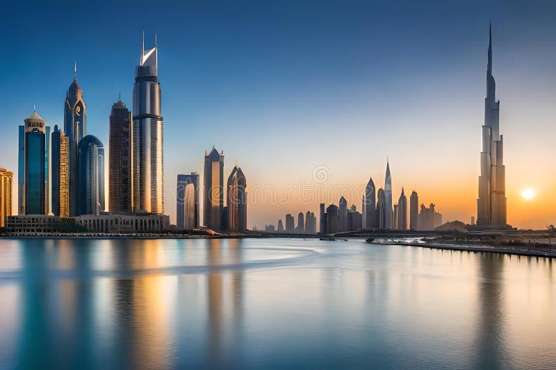 Water Landscape with Views of Dubai Cityline Stock Illustration ...