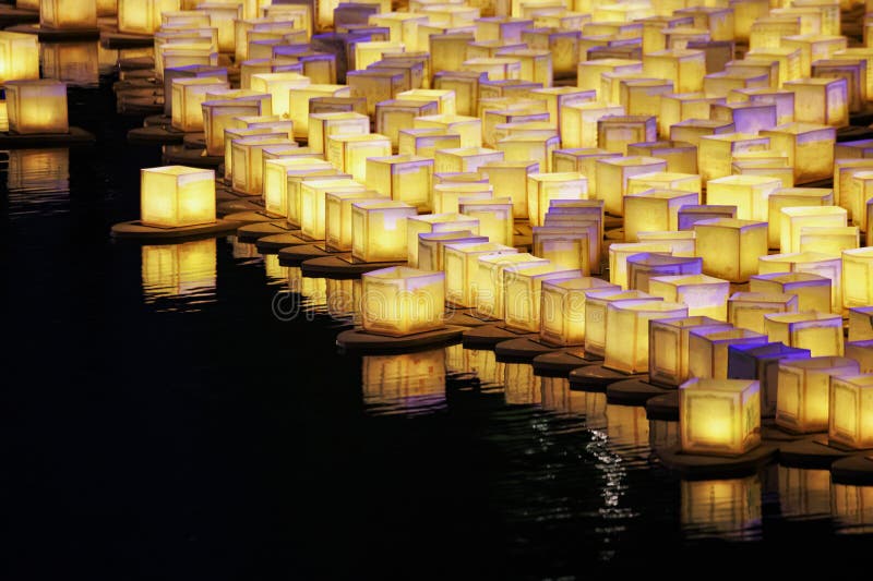 Water Lanterns on the Water Surface at Night Stock Photo - Image of ...