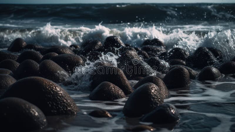 Water Lapping Rocks, Black Sand, Rough Sea Stock Illustration ...