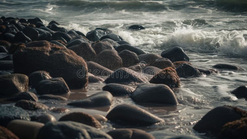 Water Lapping Rocks, Black Sand, Rough Sea Stock Illustration ...
