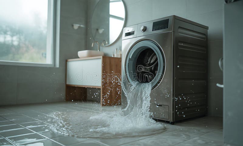 Water Leak from Silver Washing Machine in Tiled Bathroom Stock ...