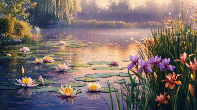Water Lilies, Irises, and Cattails in a Misty Pond Stock Illustration ...