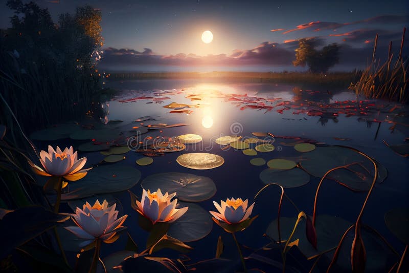 Water Lilies in the Pond Against the Backdrop of the Setting Sun ...