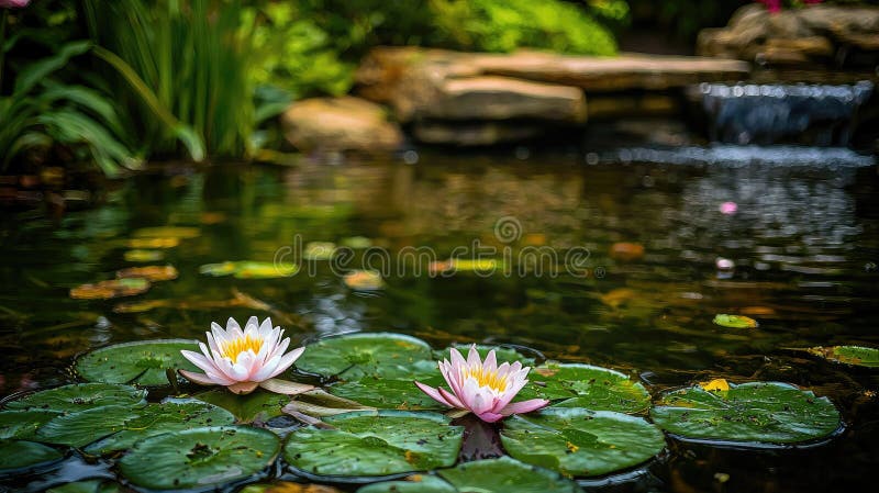 Water Lilies in a Serene Pond with a Waterfall in the Background Stock ...