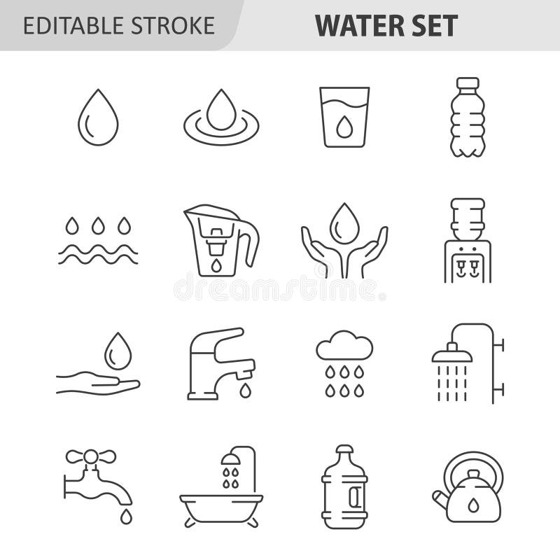 Water Line Icon Set. Vector Collection with Drop, Cup, Bottle, Cooler ...