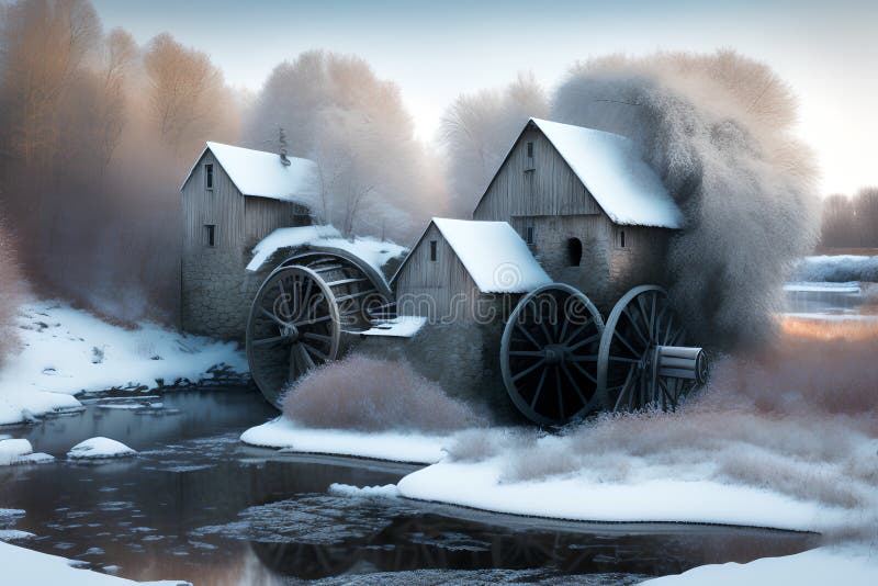 Water Mill in Winter, Generative AI Illustration Stock Illustration ...