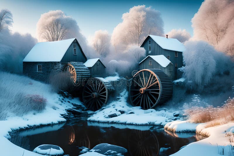 Water Mill in Winter, Generative AI Illustration Stock Illustration ...
