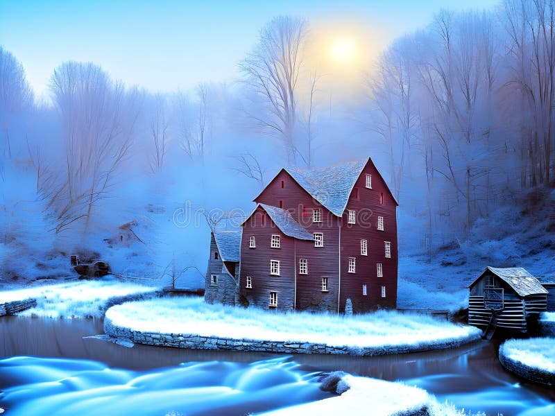 Water Mill in Winter, Generative AI Illustration Stock Illustration ...