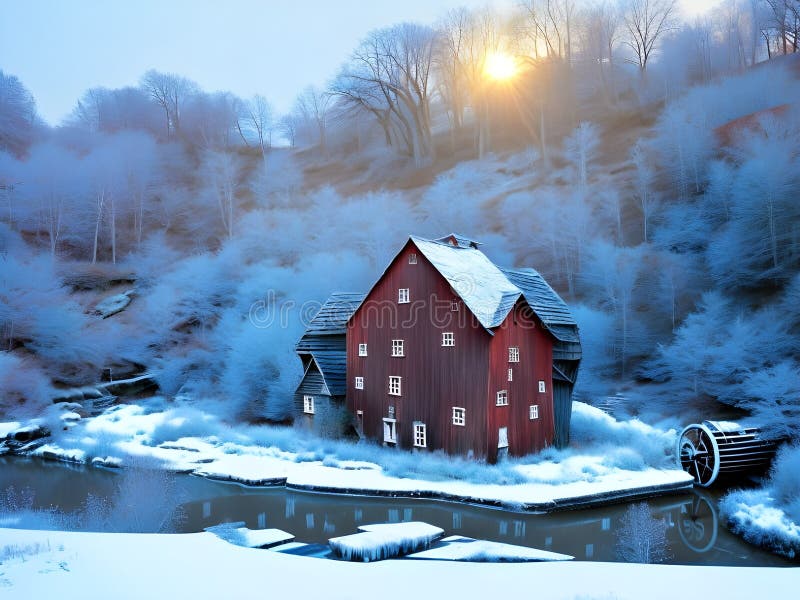Water Mill in Winter, Generative AI Illustration Stock Illustration ...