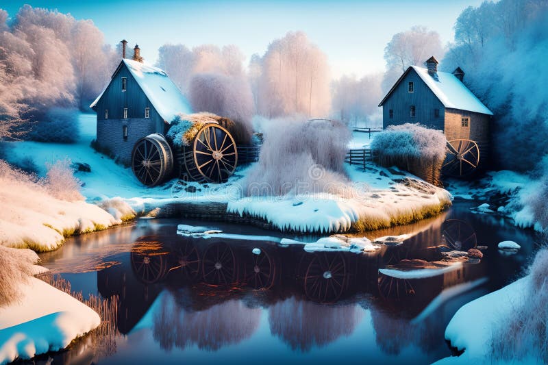 Water Mill in Winter, Generative AI Illustration Stock Illustration ...