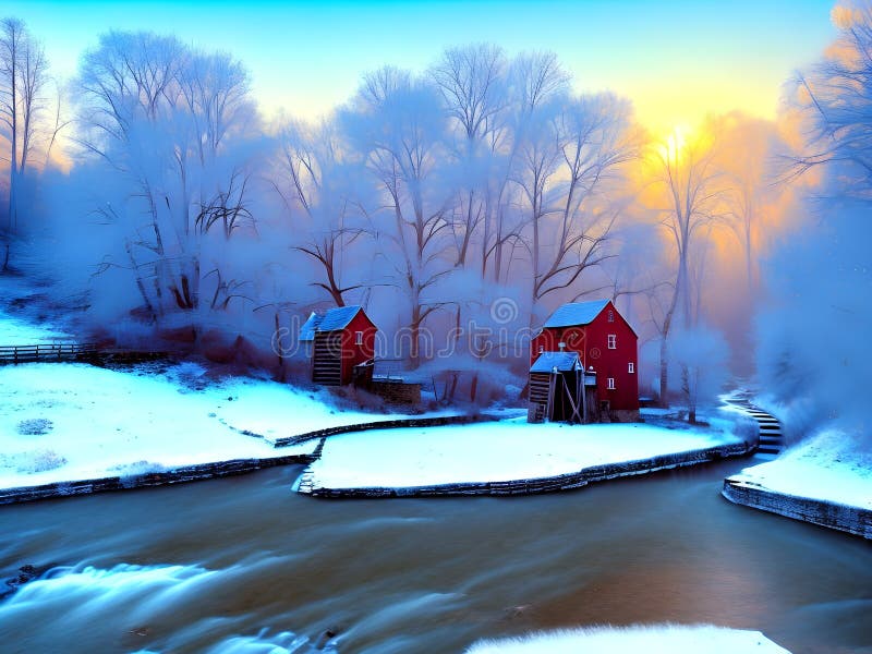 Water Mill in Winter, Generative AI Illustration Stock Illustration ...