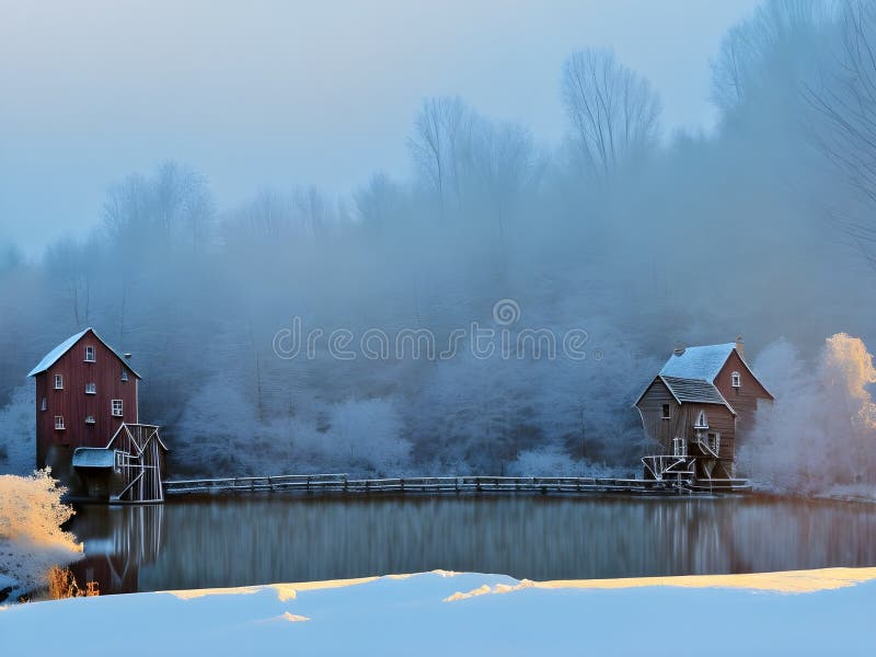 Water Mill in Winter, Generative AI Illustration Stock Illustration ...