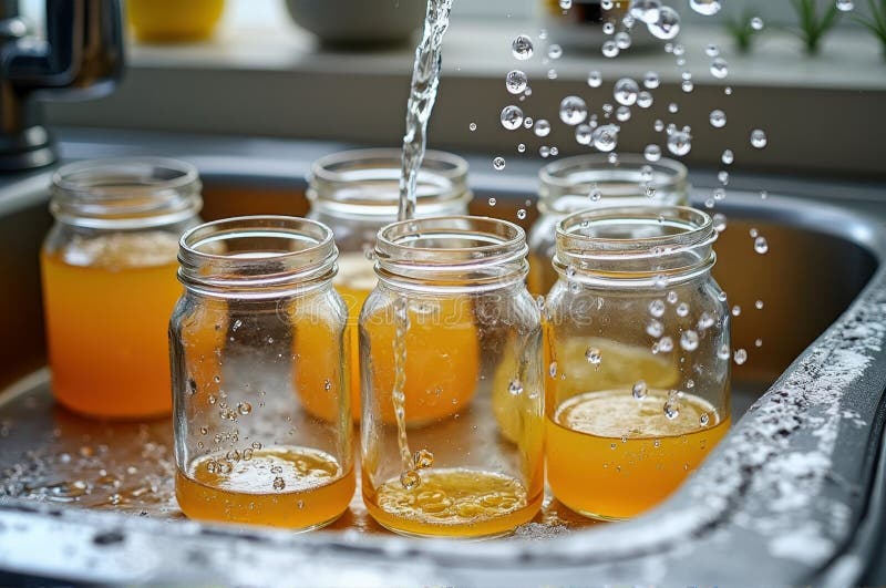 Water Overflowing into Glass Jars Filled with Orange Liquid in Kitchen ...