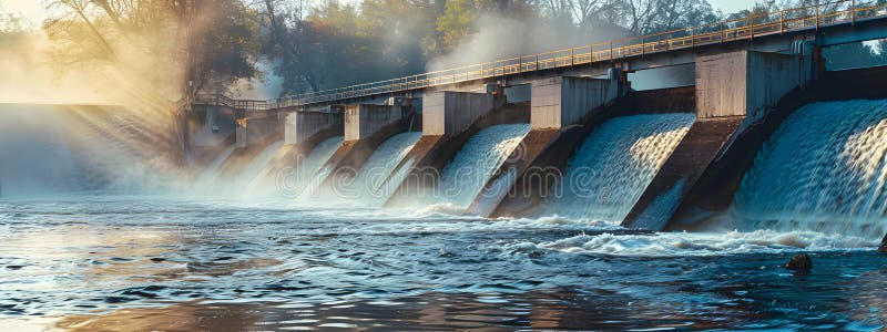 Water Overflows Over Concrete Dam, Early Morning Light, River ...