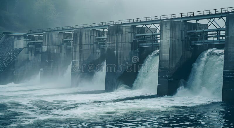 Water Overflows Over Concrete Dam, Early Morning Light, River ...