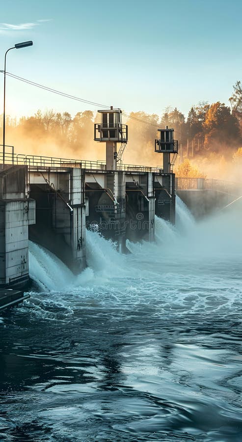Water Overflows Over Concrete Dam, Early Morning Light, River ...