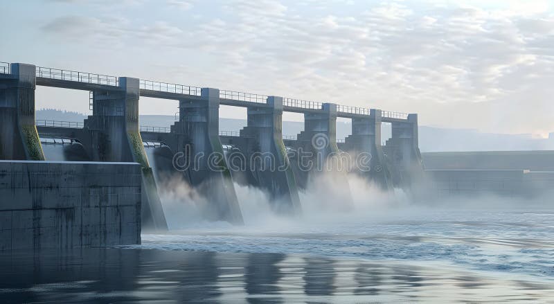 Water Overflows Over Concrete Dam, Early Morning Light, River ...