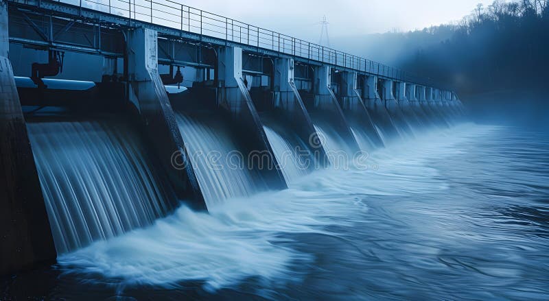 Water Overflows Over Concrete Dam, Early Morning Light, River ...