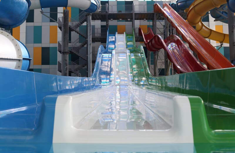 Water Park. Blue Pool Slide Swimming Stock Photo - Image of svimming ...