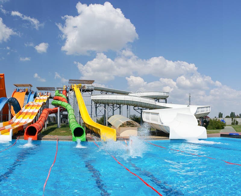 Water Park, Bright Multi-colored Slides with a Pool. a Water Park ...