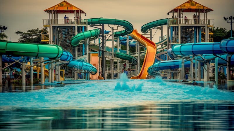 Water Park, Bright Multi-colored Slides with a Pool. a Water Park ...