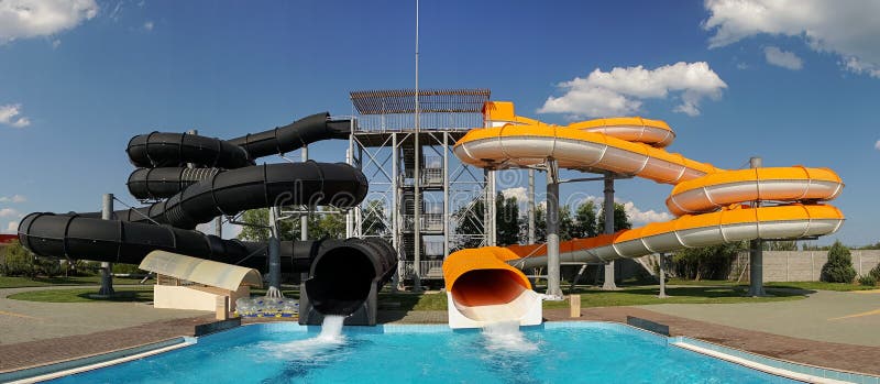 Water Park with Colorful Slides and Pools Stock Image - Image of park ...