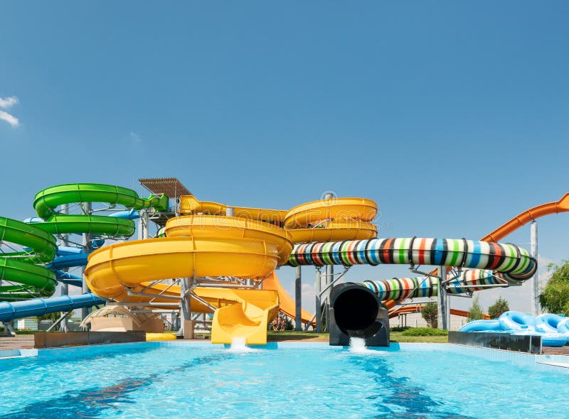Water Park with Colorful Slides and Pools Stock Photo - Image of ...