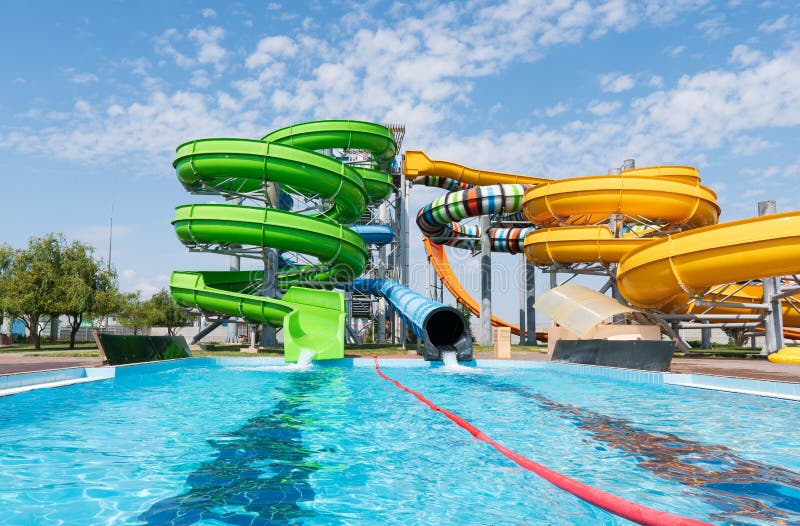Water Park with Colorful Slides and Pools Stock Image - Image of ...