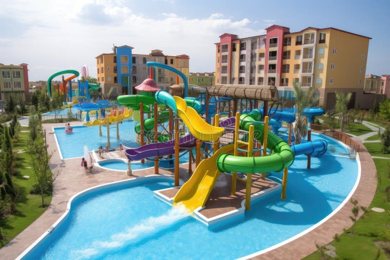 Water Park with Pool of Water and Slide for Children of Different Ages ...