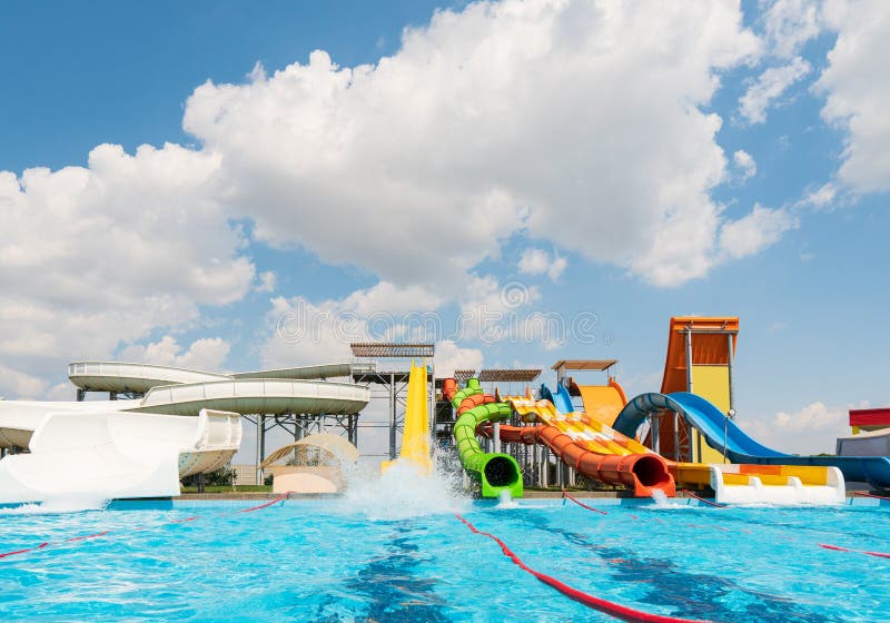 Water Park Slide with Pool and Beautiful Blue Sky, No People Stock ...