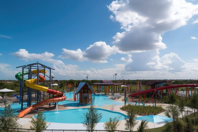 Water Park with Slides and Pools, and View of Sunny Sky Stock ...