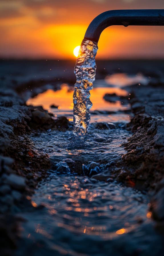 A Water Pipe is Dripping Water into a River. the Sun is Setting in the ...