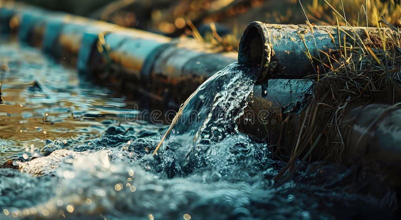 Water Pipe in the Field, Unloading. Clean Water Flowing Out of the Pipe ...
