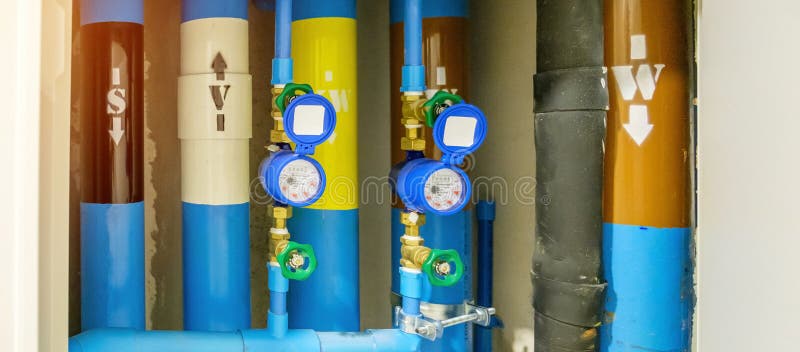 Water Pipe System and Meter in Building Stock Image - Image of steel ...