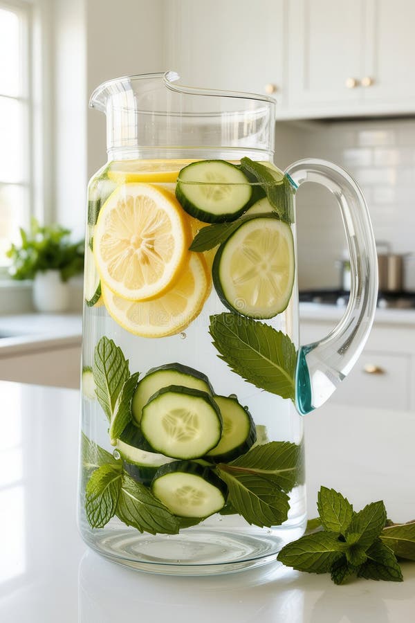 Water Pitcher with Cucumber, Lemon, and Mint in Modern Kitchen Stock ...
