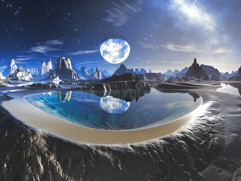 Water Planet Reflection in Alien Rock Pools Stock Illustration ...