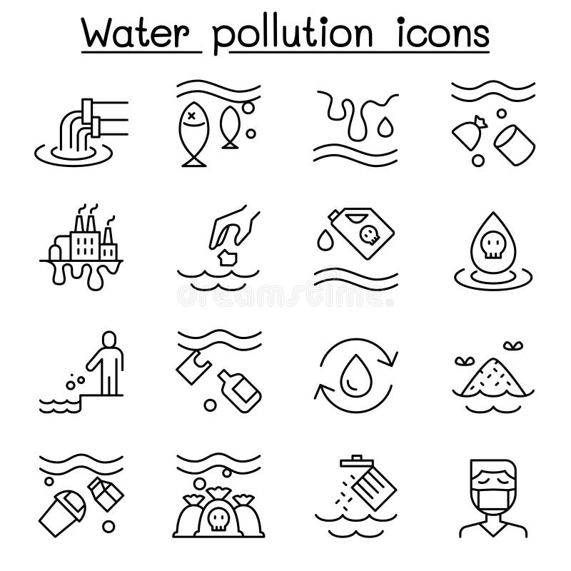 Water Pollution, Ecology Problem Icon Set in Thin Line Style Stock ...