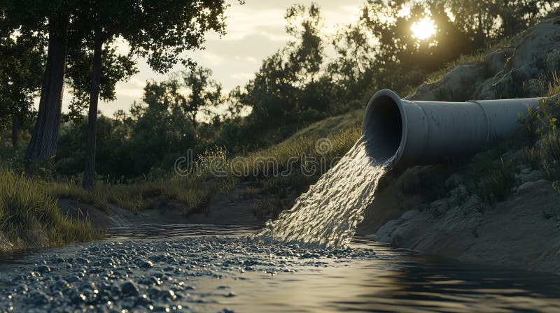 Water Pollution Flowing from Pipe into River at Sunset Stock ...