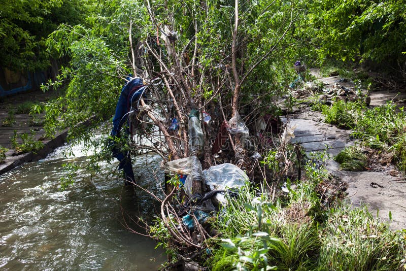 Water Pollution. Garbage Near the Urban Stream Stock Image - Image of ...
