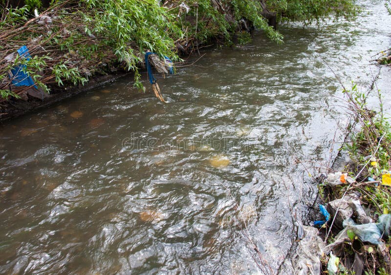 Water Pollution. Garbage on the Urban Stream Banks Stock Image - Image ...
