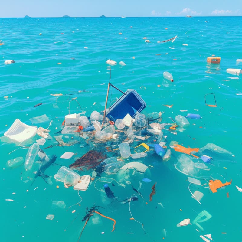 Water Pollution Illustrated with Floating Garbage in Seaside ...