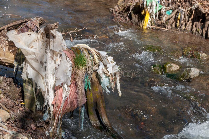 Plastic and Foam Garbage Floating on the Surface of the River Stock ...