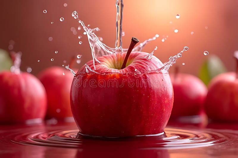 Water is Poured Over a Red Apple Creating a Splash on a Red Background ...