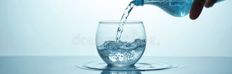 Water Poured from Plastic Bottle into Round Glass Cup. Clean ...