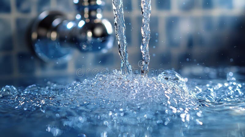 Water Pouring from a Faucet into a Clear Basin with Sparkling ...